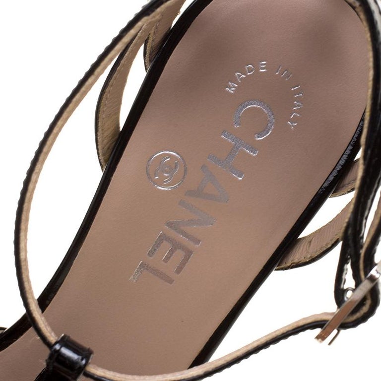 Chanel Black Patent Leather and PVC Architectural T-Strap Sandals Size ...