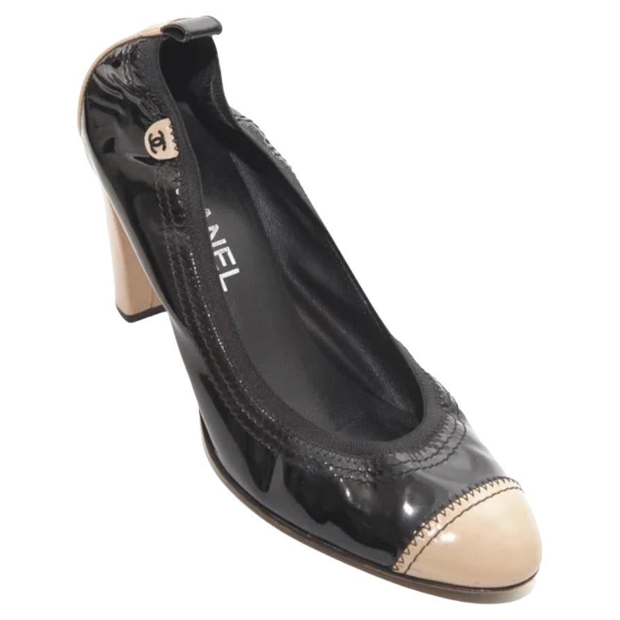 CHANEL Black Patent Leather Beige Pumps Stretch CC Logo Heels Sz 40 For ...
