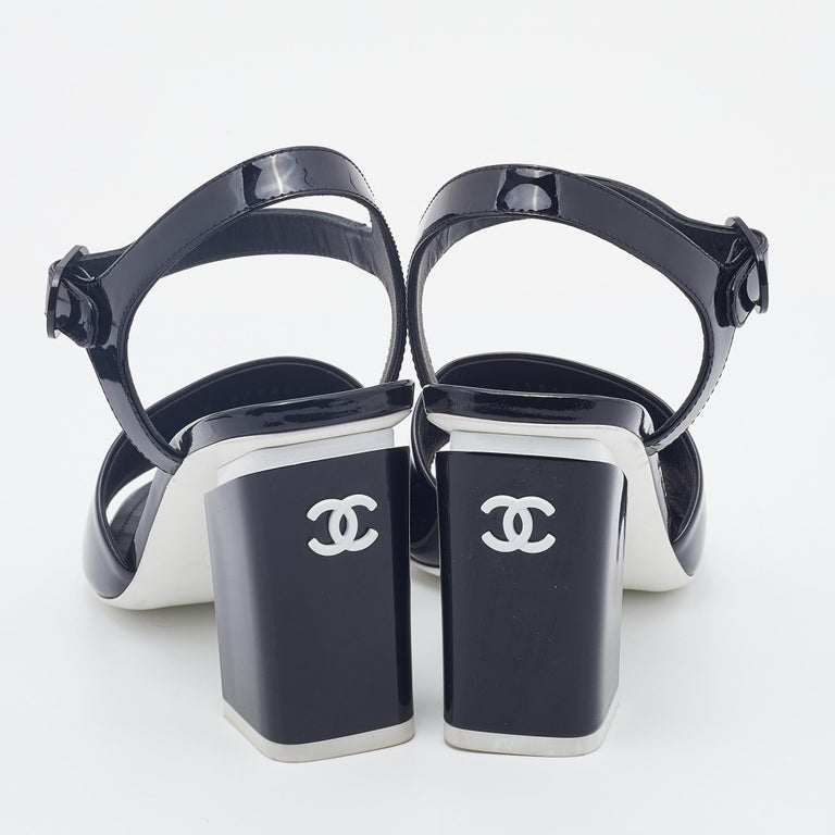 Chanel Black Patent Leather CC Block Heel Ankle Strap Sandals Size 38 ...