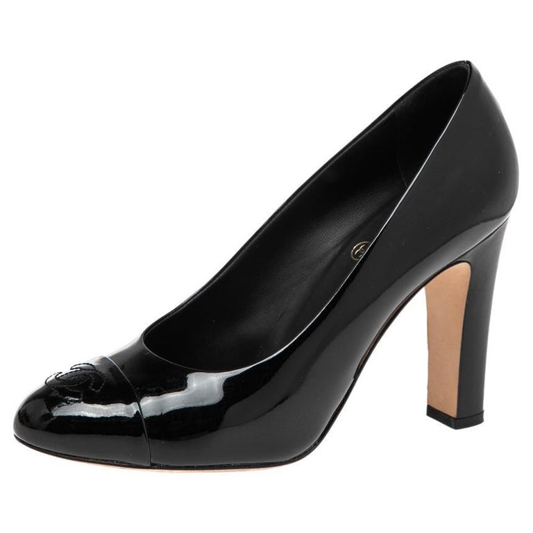 Chanel Black Patent Leather CC Cap Toe Pumps Size 36 at 1stDibs