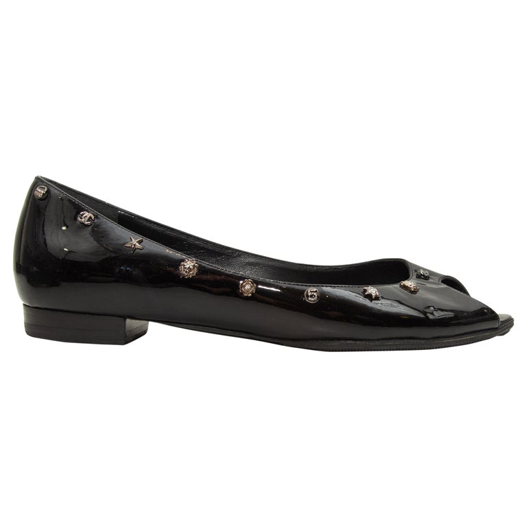 Chanel Black Patent Leather Peep-Toe Flats For Sale at 1stDibs