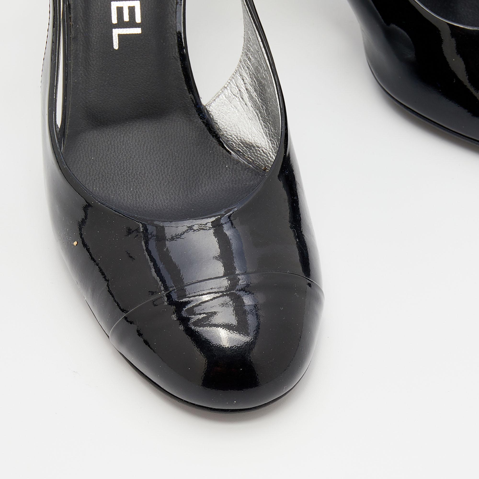 Chanel Black Patent Leather Round Cap Toe Slingback Sandals Size 38 For ...