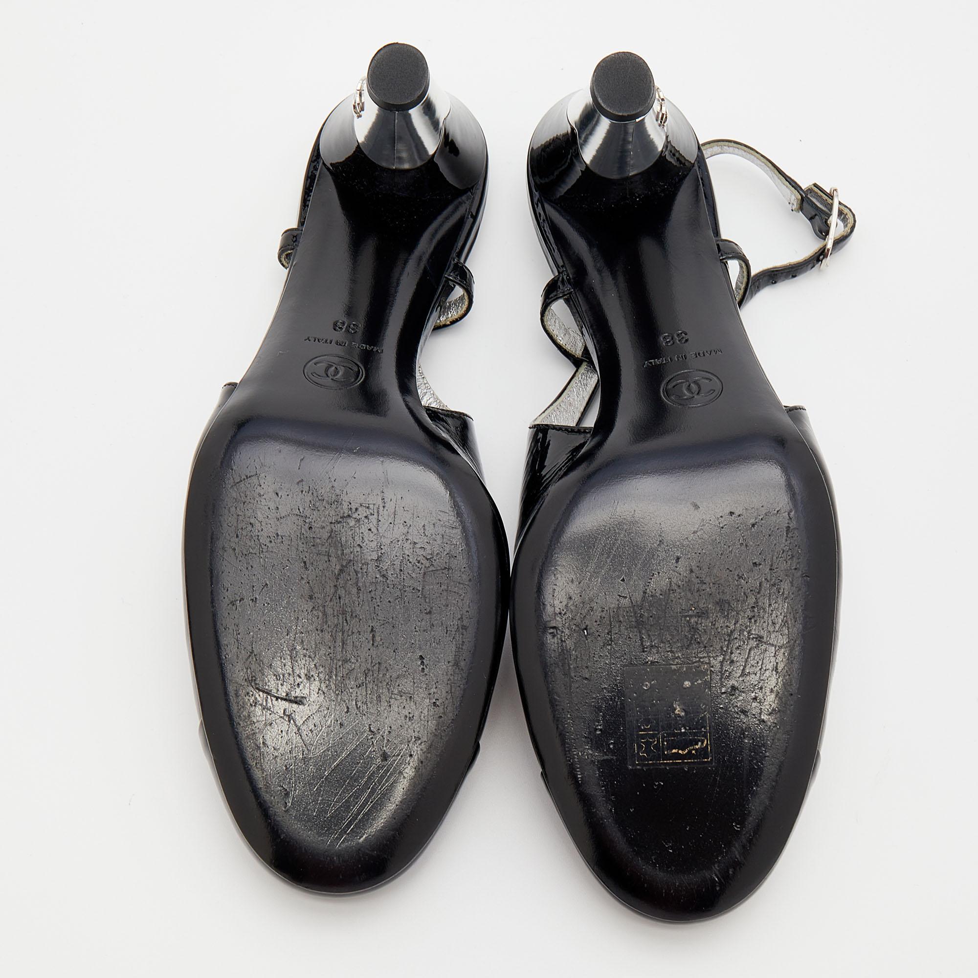 Chanel Black Patent Leather Round Cap Toe Slingback Sandals Size 38 For ...