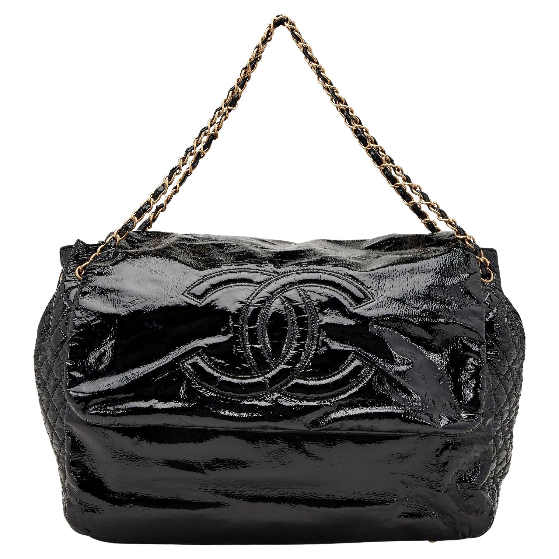 Chanel Black Patent Vinyl Quilted CC Stitched XL Shoulder Flap Tote For ...