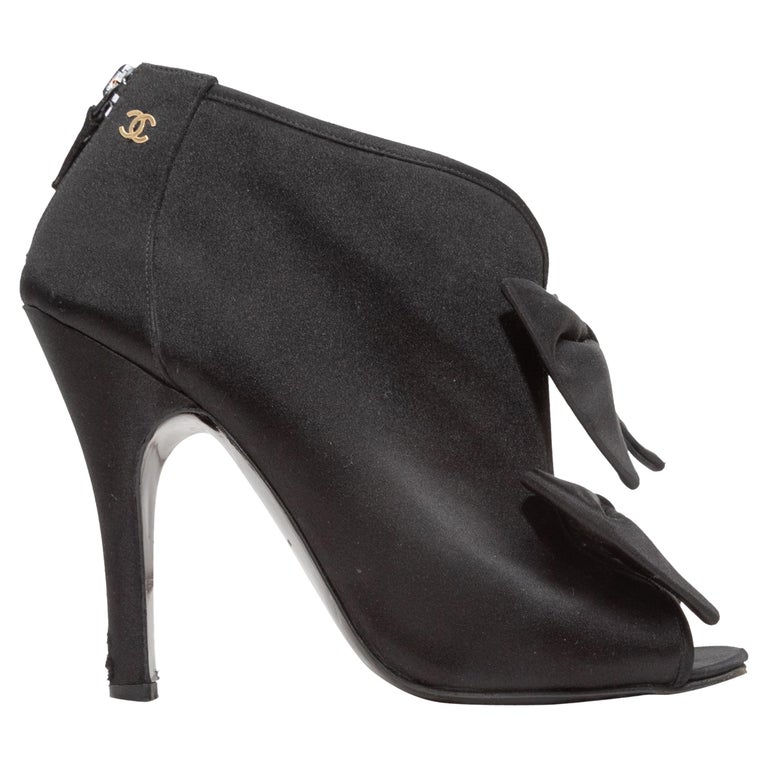 Chanel Black Peep-Toe Bow Booties For Sale at 1stDibs