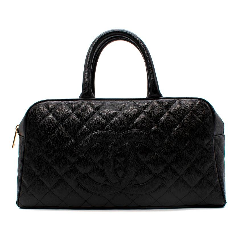 Vintage CHANEL black caviar large vanity purse, lunch box style handbag ...