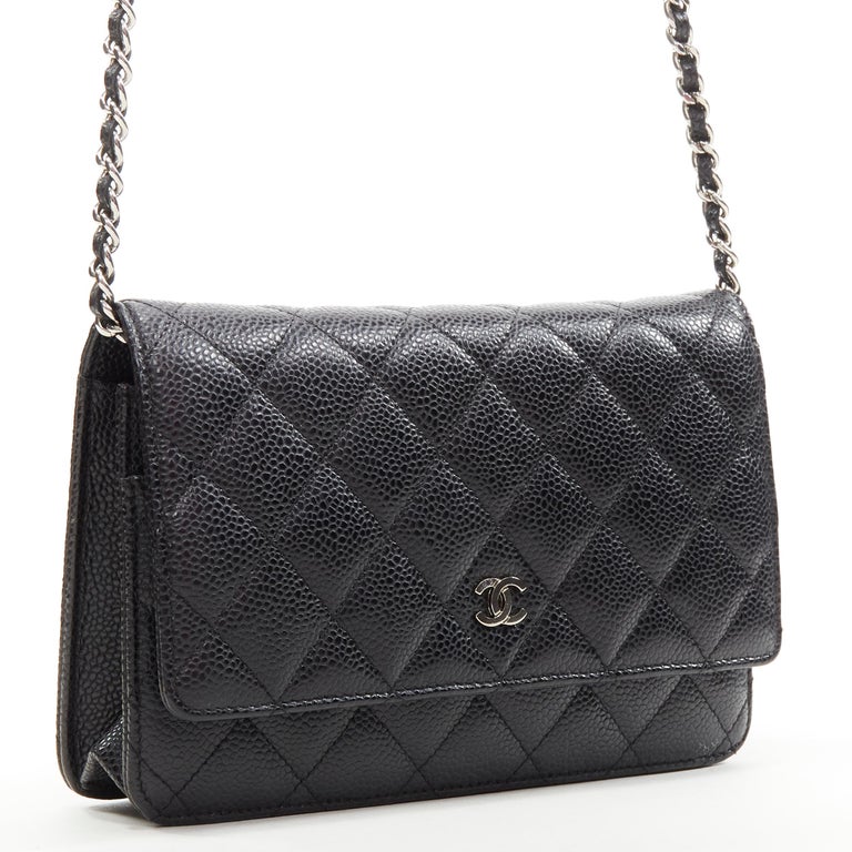 CHANEL black quilted caviar leather silver CC woven chain crossbody WOC ...
