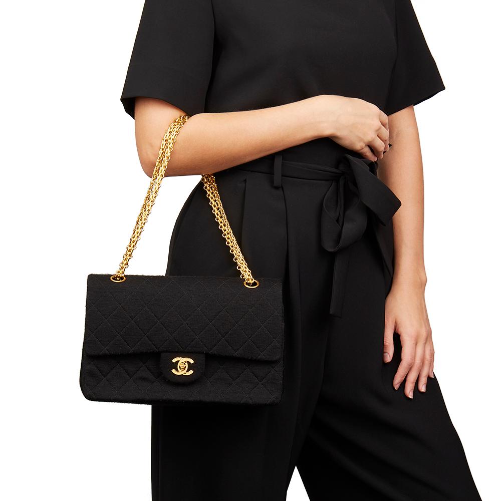 Chanel Black Quilted Jersey Fabric Vintage Medium Classic Double Flap ...