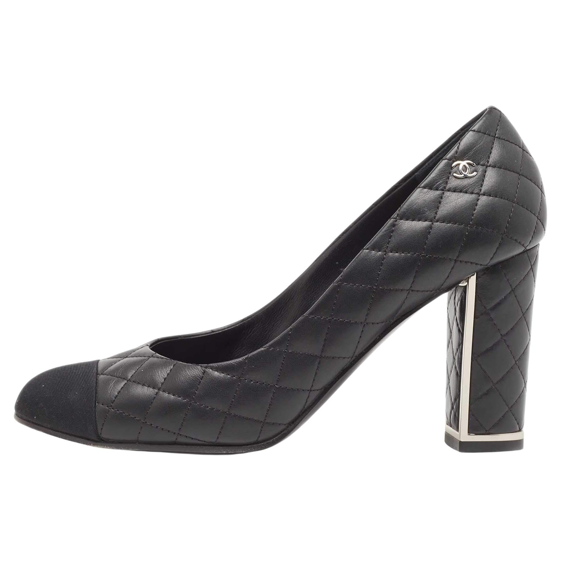 Chanel Black Quilted Leather and Grosgrain CC Cap Toe Pumps Size 39.5 ...