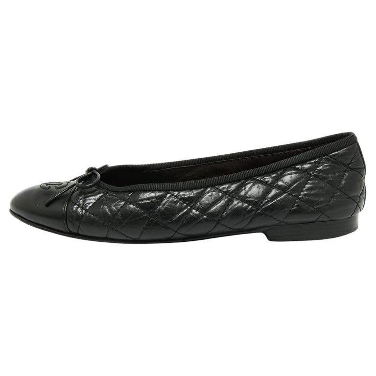 Chanel Black Quilted Leather Bow CC Cap Toe Ballet Flats Size 37 For Sale at 1stDibs