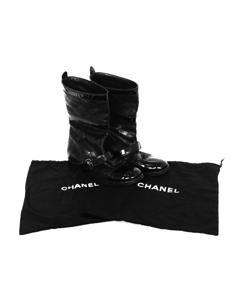 Chanel Black Quilted Leather Buckle Boots W/ Patent Toe Sz 38 For Sale ...