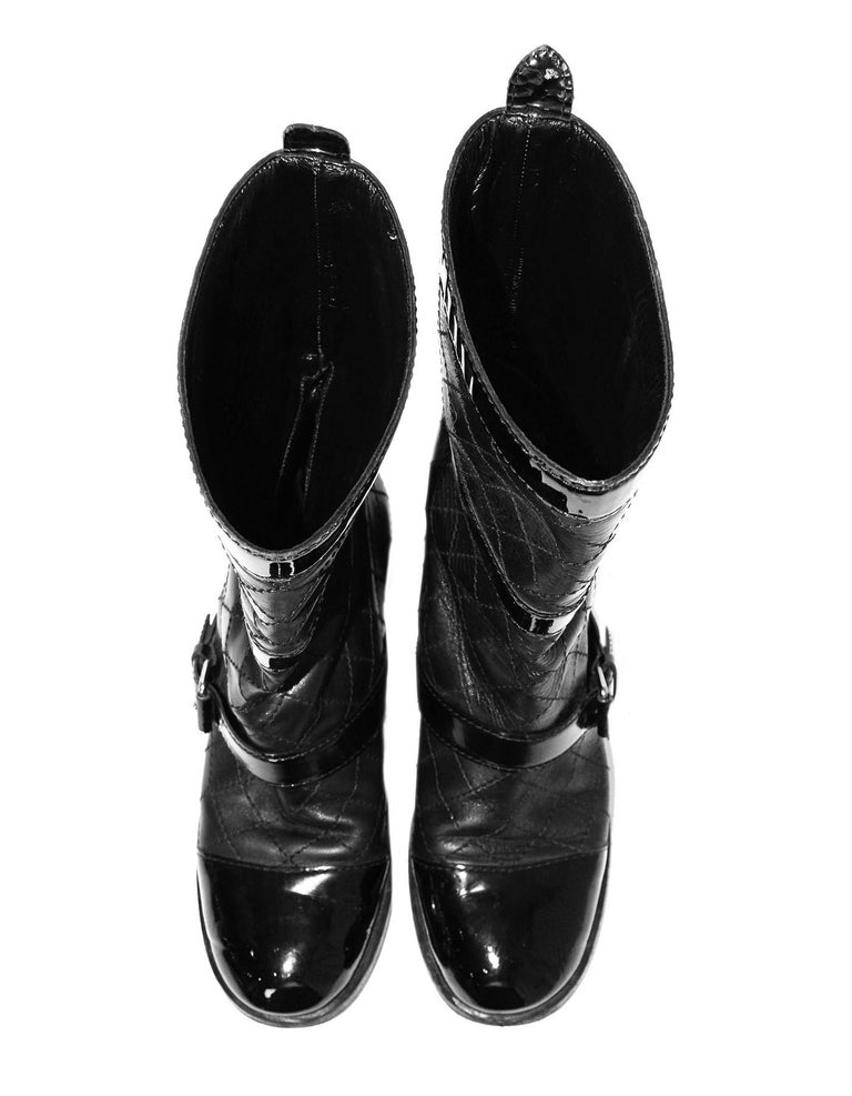 Chanel Black Quilted Leather Buckle Boots W/ Patent Toe Sz 38 For Sale ...