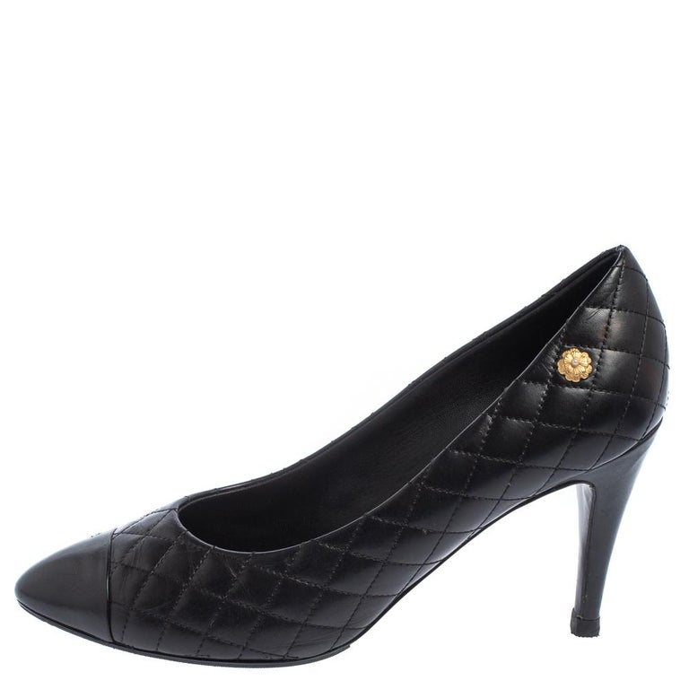 Chanel Black Quilted Leather Cap Toe Pumps Size 40.5 at 1stDibs