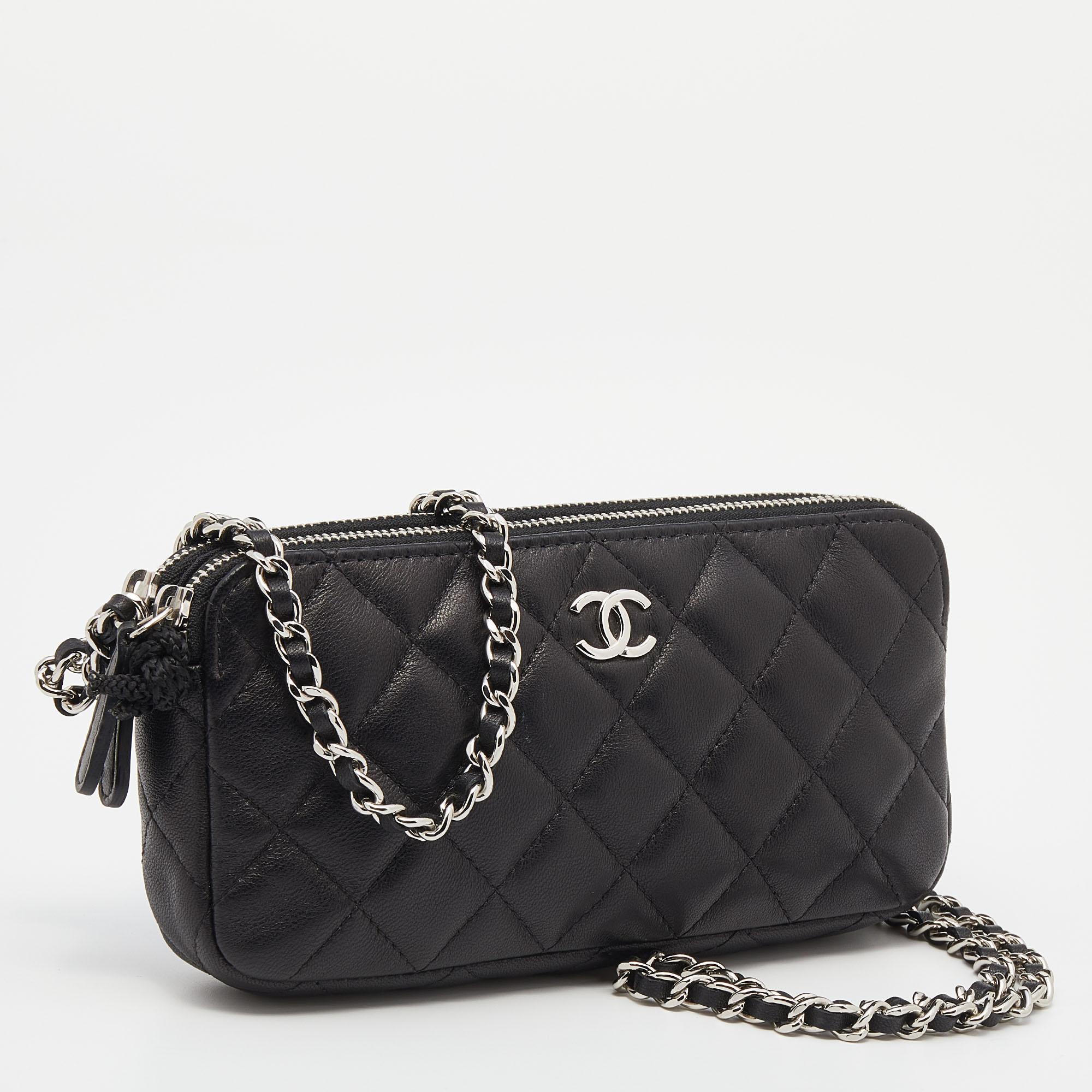 Chanel Black Quilted Leather CC Double Zip Clutch Chain Bag at 1stDibs ...