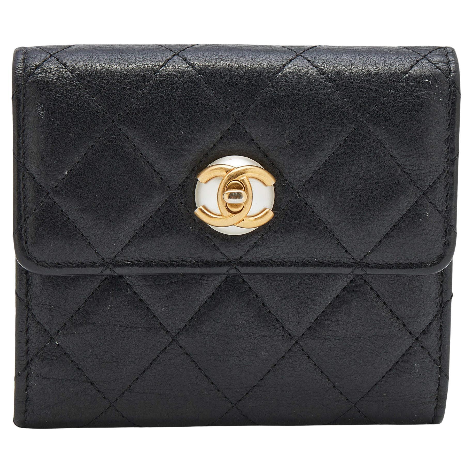 Chanel Black Quilted Leather Pearl CC Bifold Wallet at 1stDibs