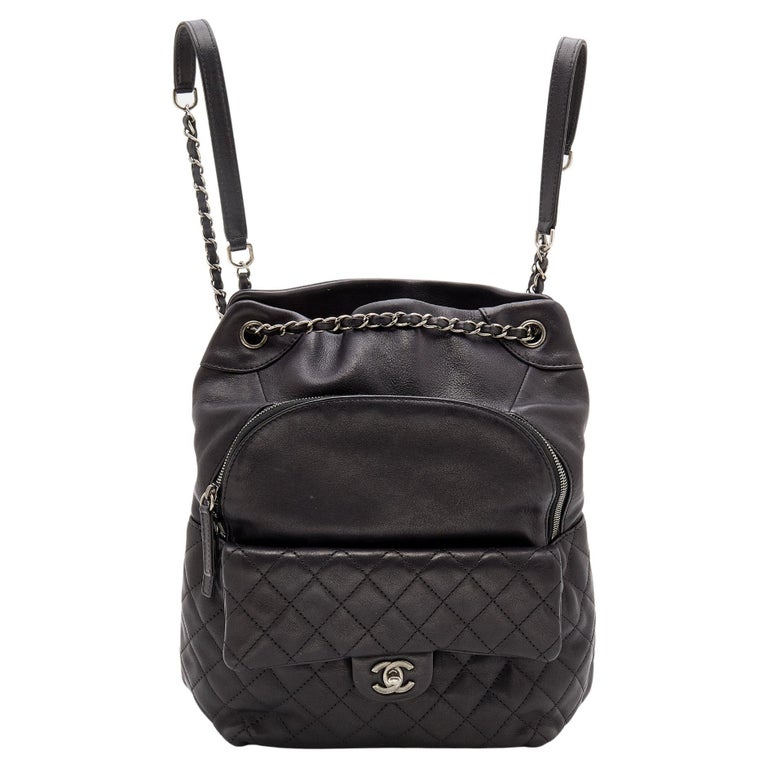 Chanel Black Quilted Leather Small Drawstring CC Flap Backpack at 1stDibs