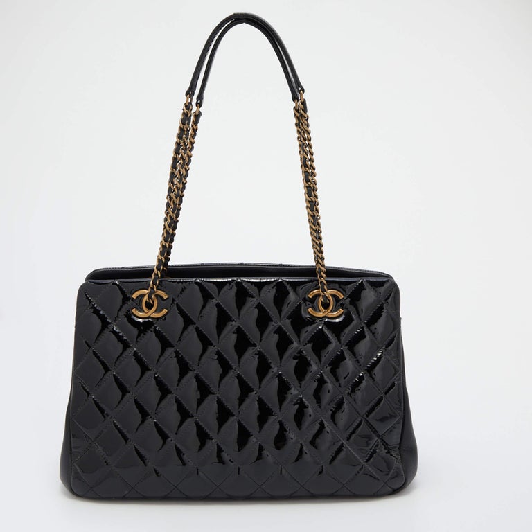 Chanel Black Quilted Patent Leather Double Chain Bag For Sale at 1stDibs