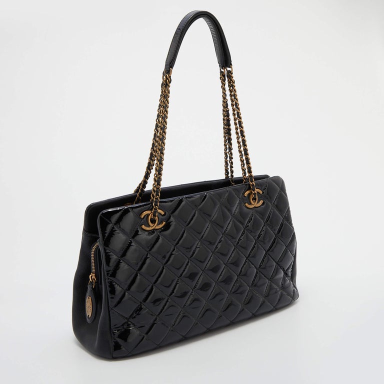 Chanel Black Quilted Patent Leather Double Chain Bag For Sale at 1stDibs
