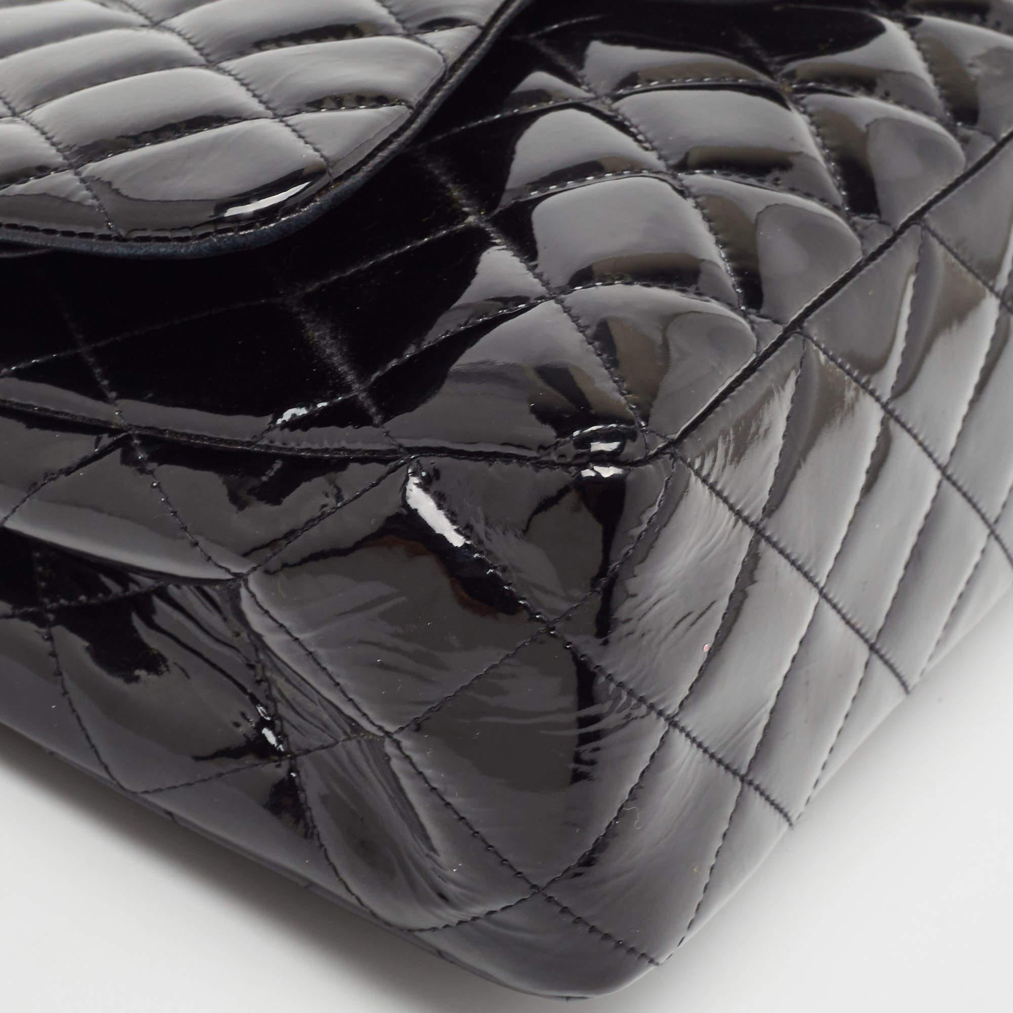 Chanel Black Quilted Patent Leather Jumbo Classic Double Flap Bag For ...