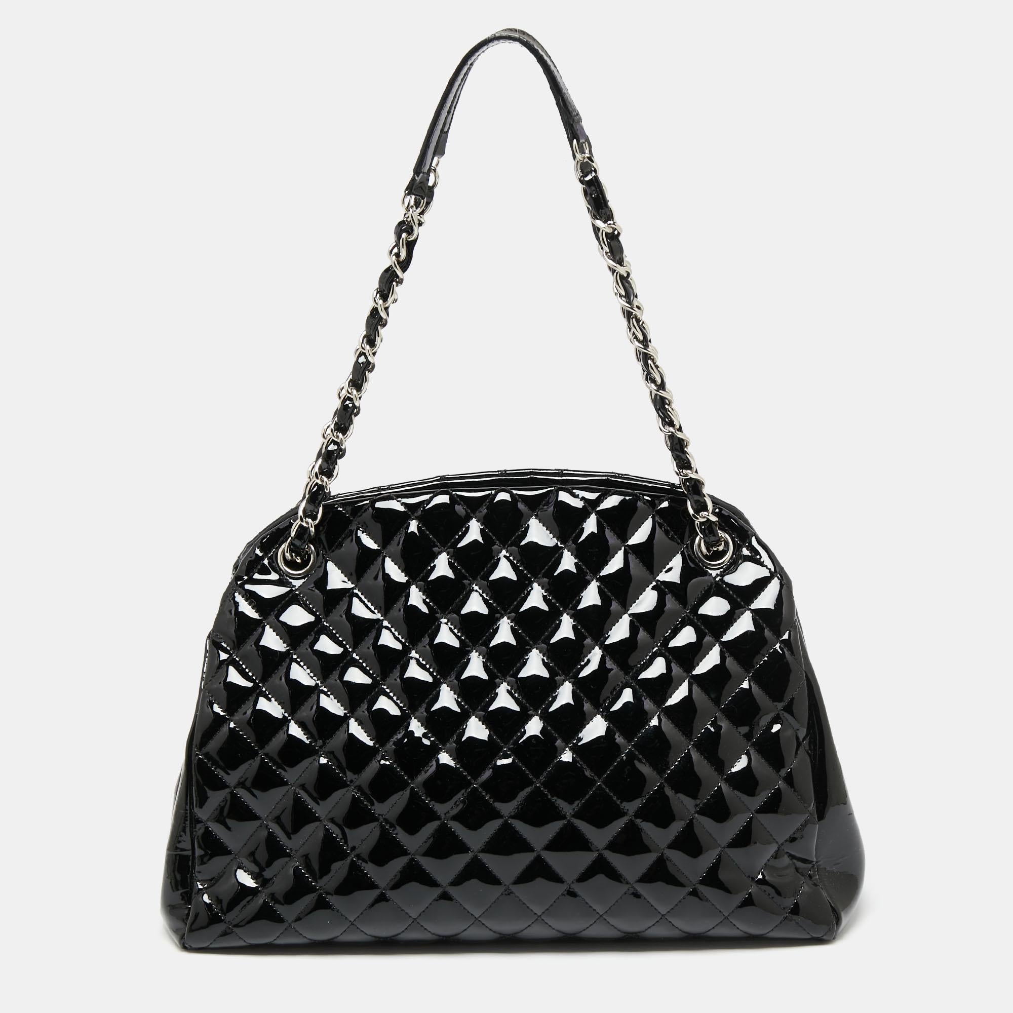 Chanel Black Quilted Patent Leather Medium Just Mademoiselle Bowler Bag ...