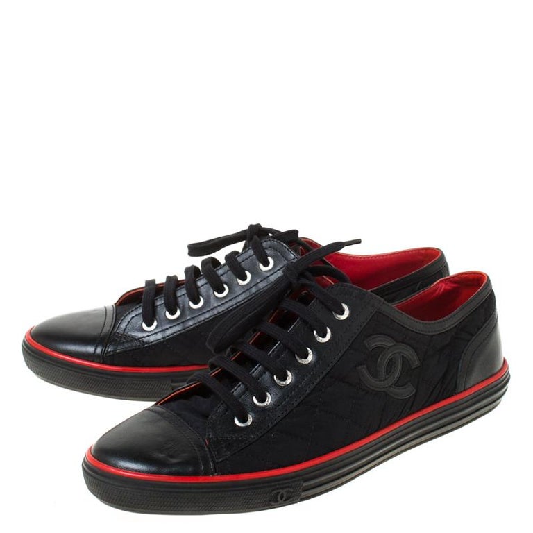 Chanel Black/Red Quilted Nylon and Leather CC Low Top Sneakers Size 40 ...