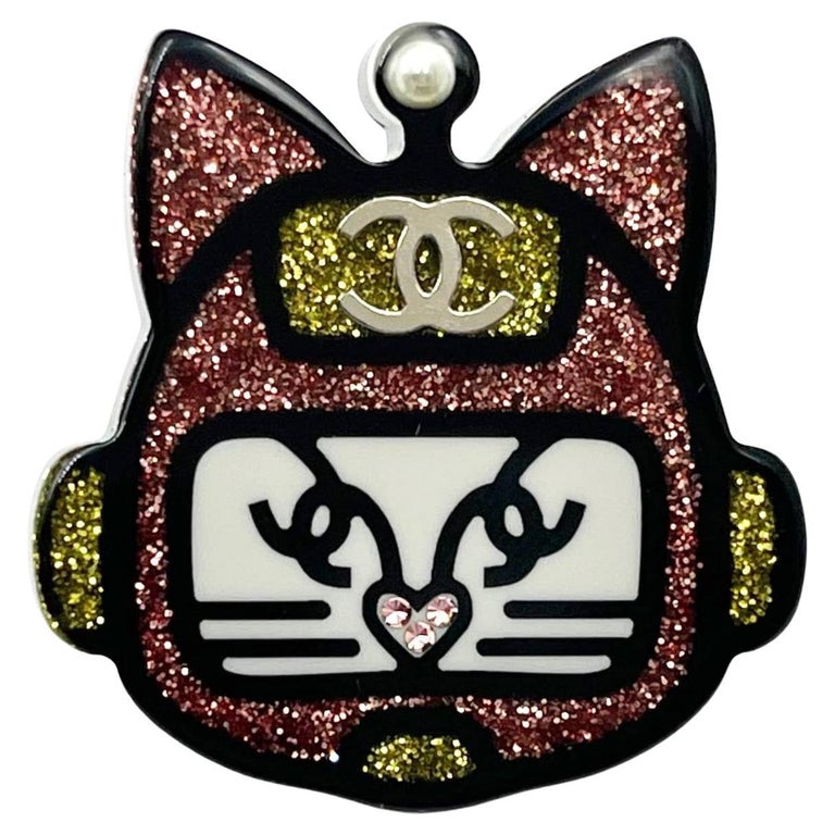 Chanel Black Red Yellow Glitter Cat Pin For Sale at 1stDibs