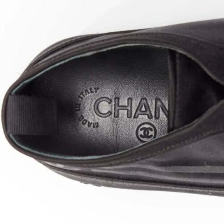 CHANEL black satin CC logo silver pearl grommet laced low top sneaker ...
