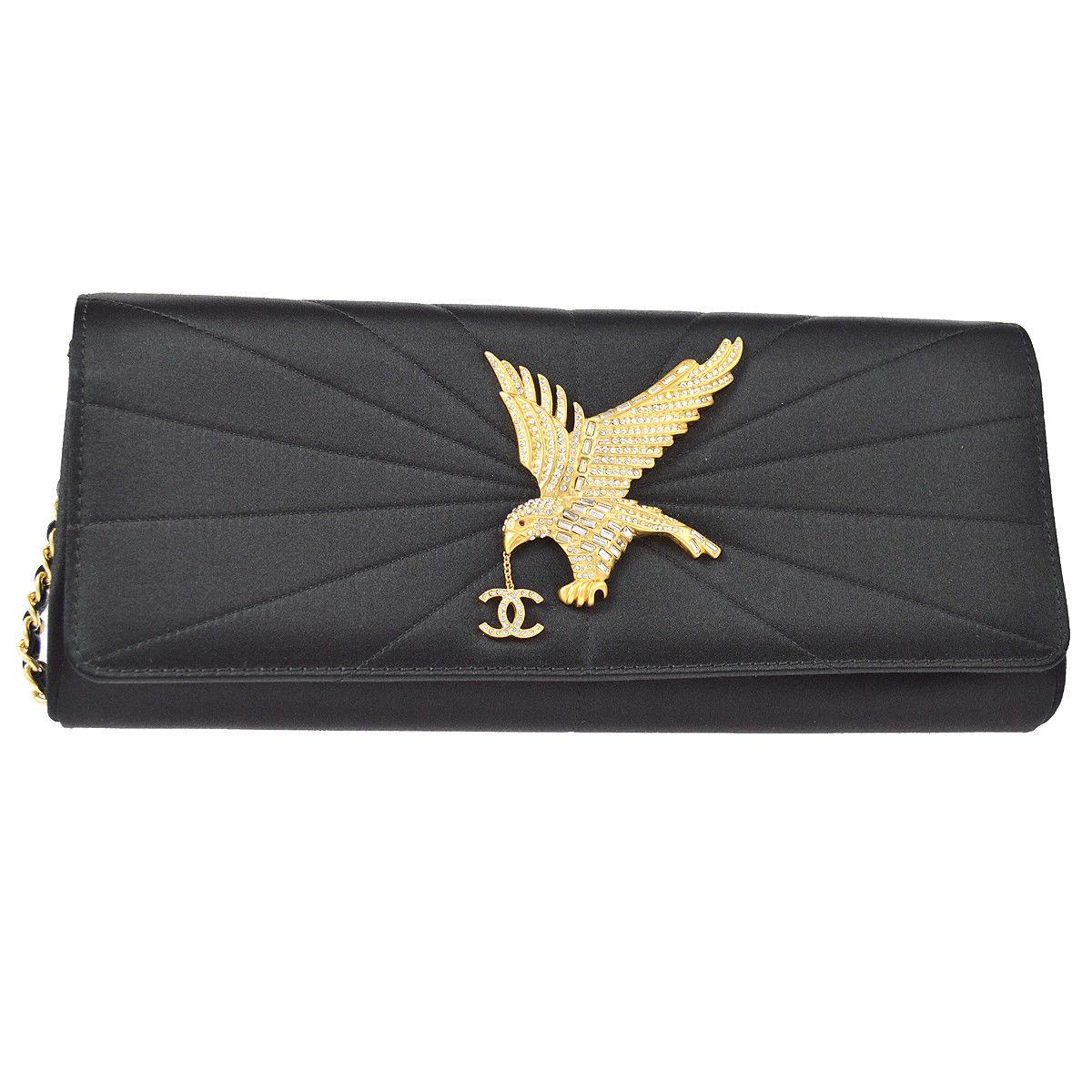 Chanel Black Satin Gold Rhinestone Bird Charm Evening Clutch Flap Bag ...