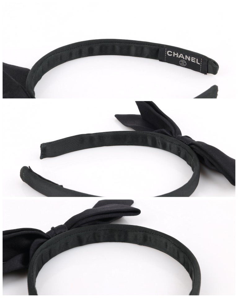 CHANEL Black Satin Silk Narrow Classic Bow Covered Structured Headband ...