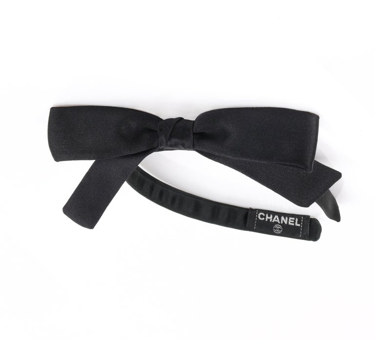 CHANEL Black Satin Silk Narrow Classic Bow Covered Structured Headband ...
