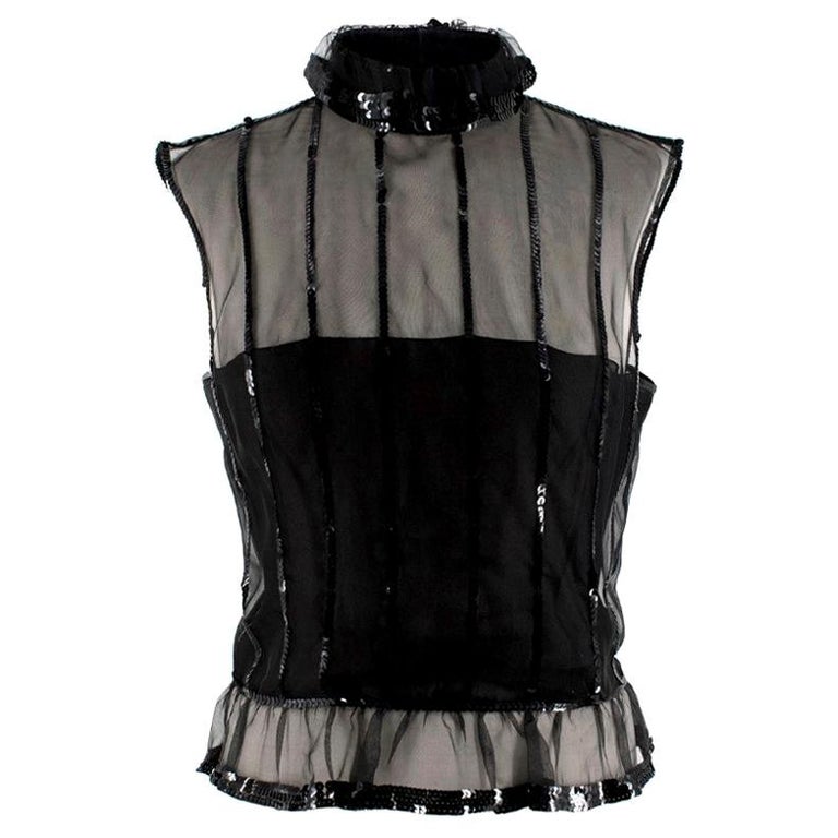 Chanel Black Sequin Embellished High Neck Sheer Top - Size US 6 at 1stDibs