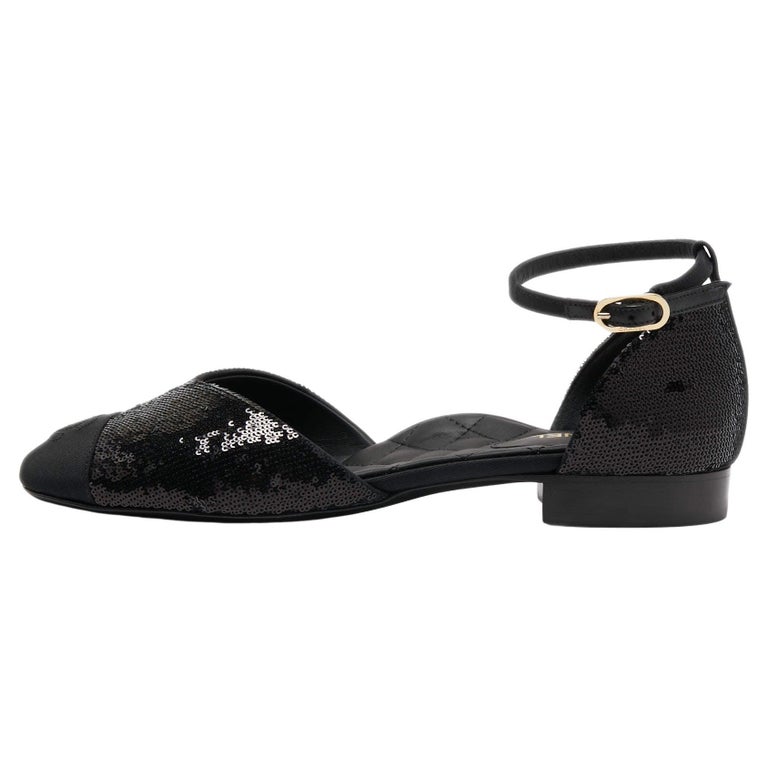 Chanel Black Sequins and Canvas CC Cap Toe Mary Jane Flats Size 39 For ...