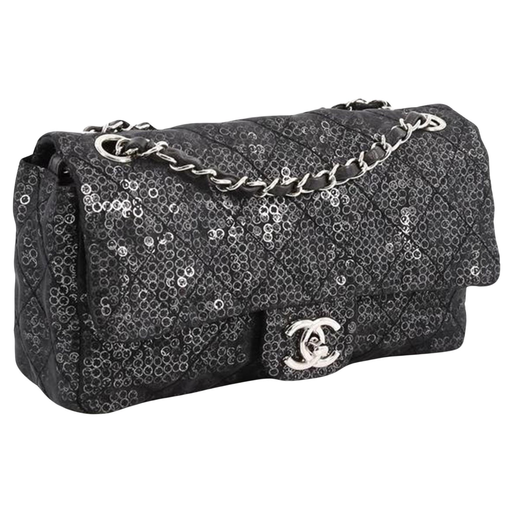 Chanel Black Sequins Hidden Mesh Medium Classic Flap Shoulder Bag For ...