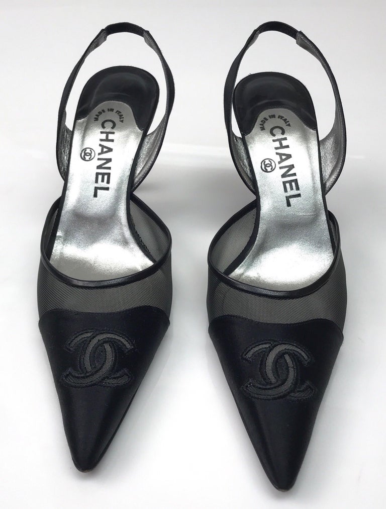 CHANEL Black Silk and Mesh Slingback w/ front CC-38.5 at 1stDibs ...