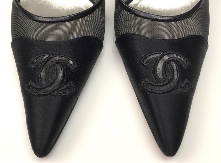 CHANEL Black Silk and Mesh Slingback w/ front CC-38.5 at 1stDibs ...