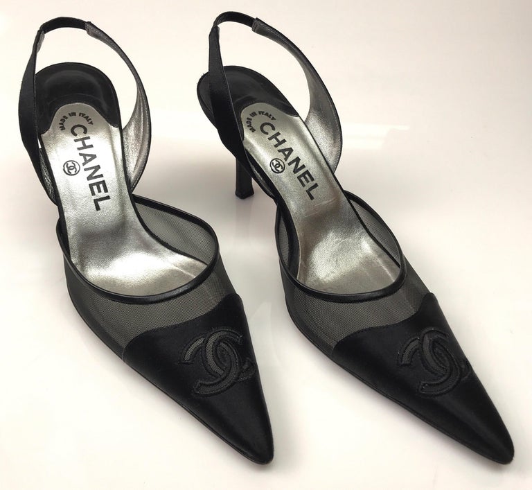 CHANEL Black Silk and Mesh Slingback w/ front CC-38.5 at 1stDibs ...
