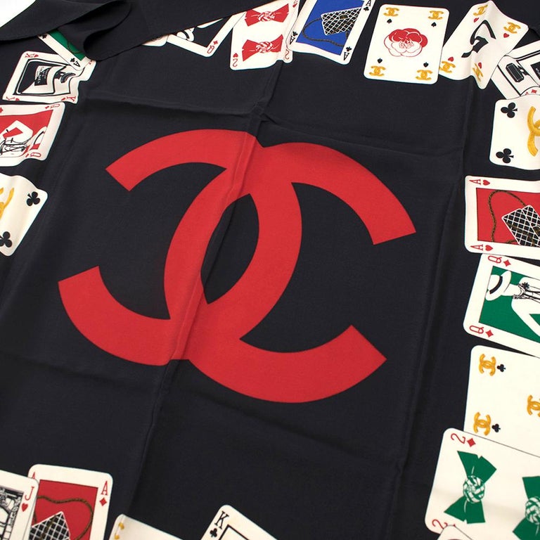 Chanel Black Silk Playing Card Scarf For Sale at 1stDibs