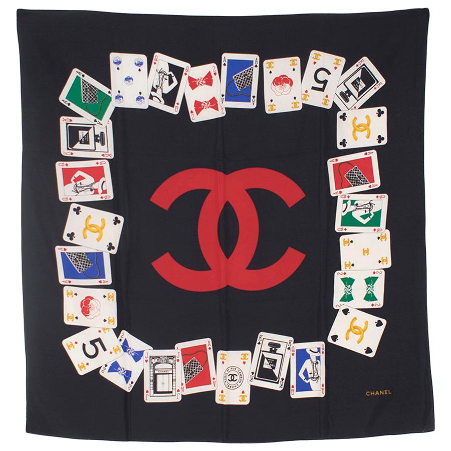 Chanel Black Silk Playing Card Scarf For Sale at 1stDibs