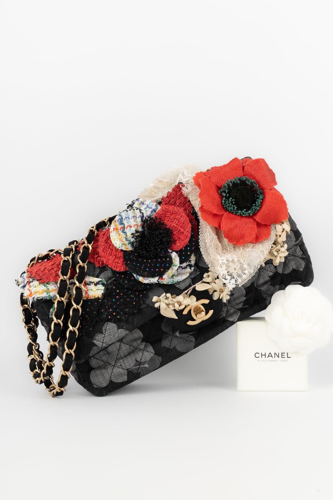 Chanel Black Silk Shantung Timeless Bag Printed with Grey Flowers, 2010 ...