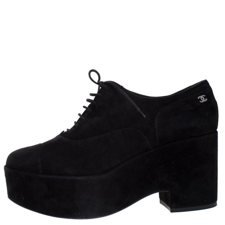 Chanel Black Suede CC Lace Platform Oxfords Size 40.5 at 1stDibs