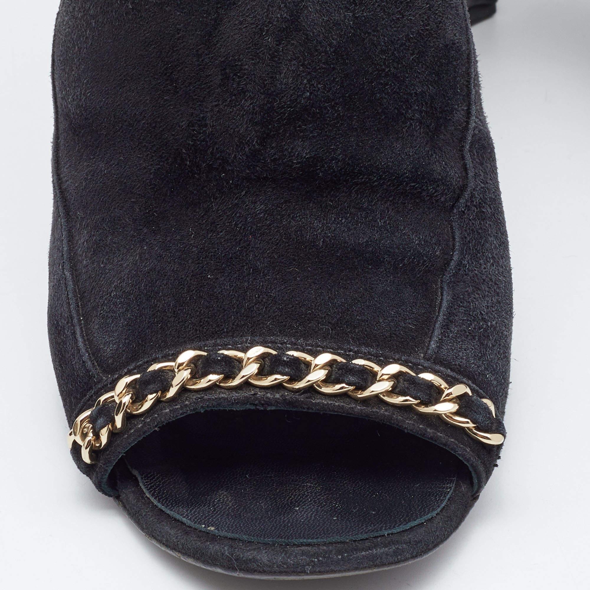 Chanel Black Suede Chain Detail Open Toe Booties Size 40.5 For Sale at ...