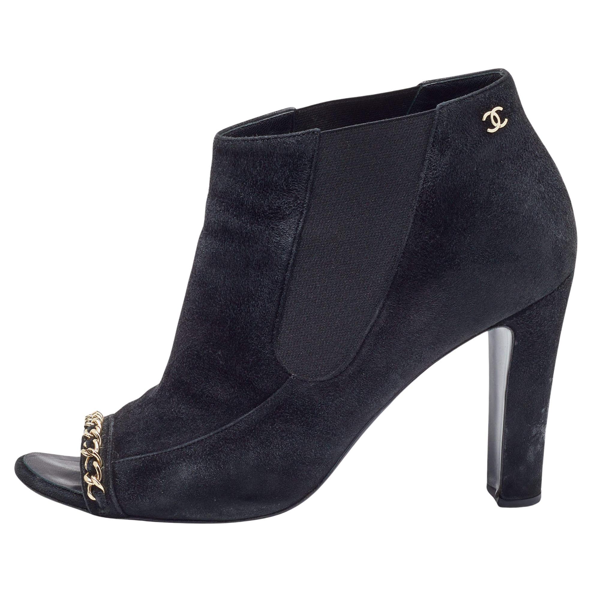 Chanel Black Suede Chain Detail Open Toe Booties Size 40.5 For Sale at ...