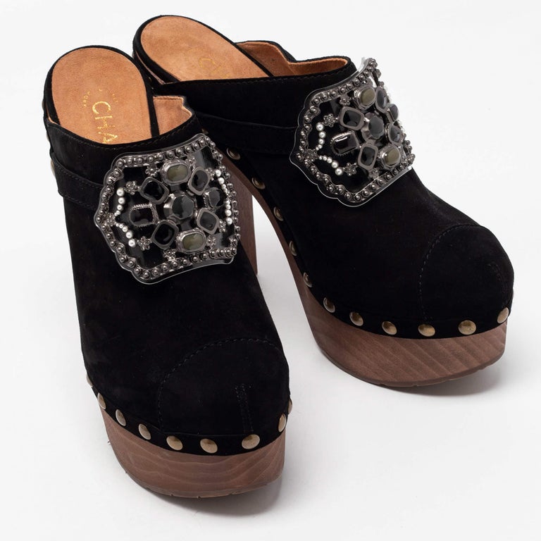 Chanel Black Suede Embellished Wooden Clogs Size 40 For Sale at 1stDibs