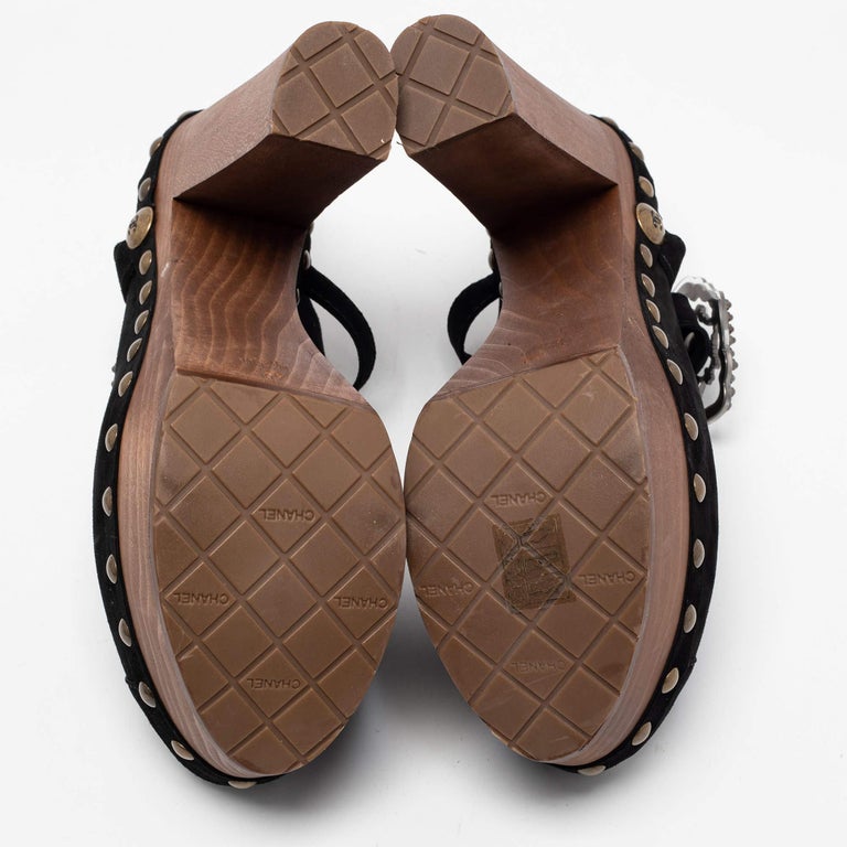 Chanel Black Suede Embellished Wooden Clogs Size 40 For Sale at 1stDibs