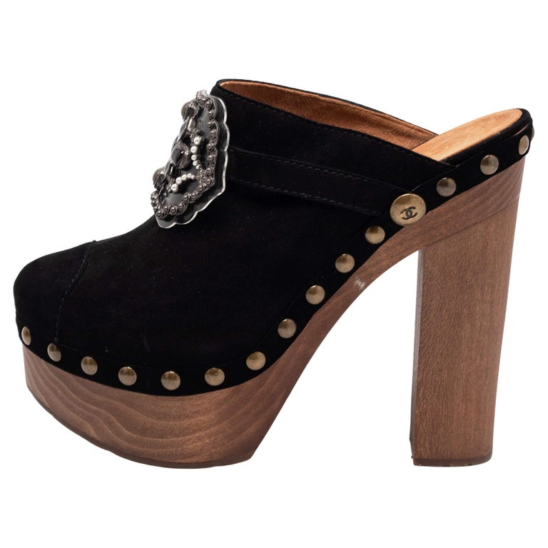 Chanel Black Suede Embellished Wooden Clogs Size 40 For Sale at 1stDibs