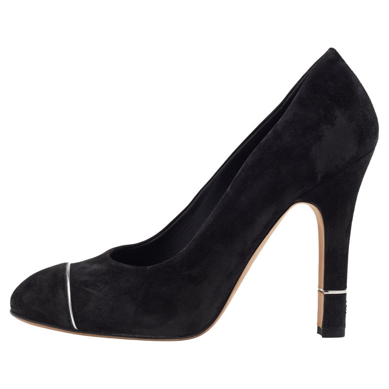 Chanel Black Suede Interlocking CC Logo Round Cap Toe Pumps Size 39 For ...