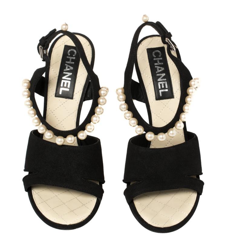 Chanel Black Suede Pearl Embellishment Sandals Size 39 at 1stDibs