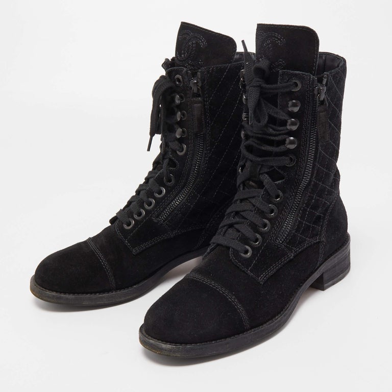 Chanel Black Suede Quilted Double Zip CC Combat Boots Size 37.5 For ...