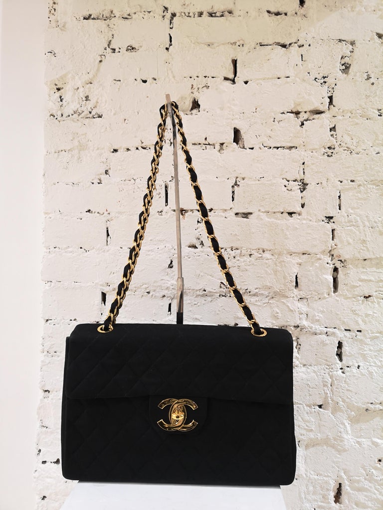Chanel Black Textile Maxi Jumbo Shoulder Bag For Sale at 1stdibs