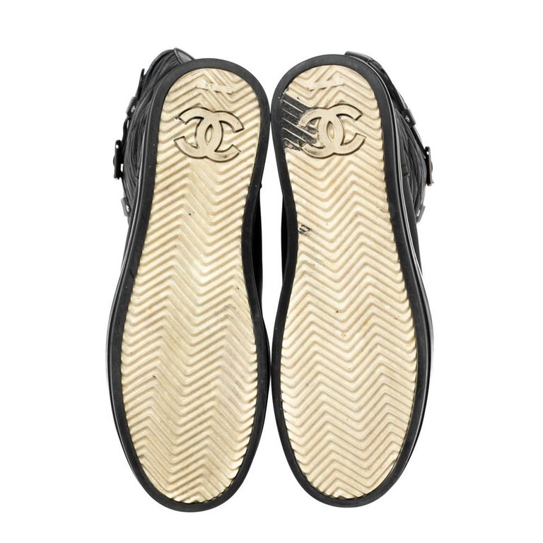 Chanel Black Textured Quilted Leather Buckle Embellished Mid Calf Boots ...